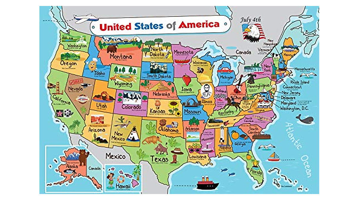 Kids US Map Wall Poster 13x19 - Learn All 50 States Easily