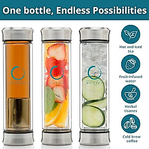 Pure Zen Tea Tumbler with Infuser - Double Wall Glass Travel Tea Mug with Stainless Steel Filter - Leakproof Tea Infuser Bottle with Strainer for Loose Leaf Tea and Fruit Water 13 Ounce
