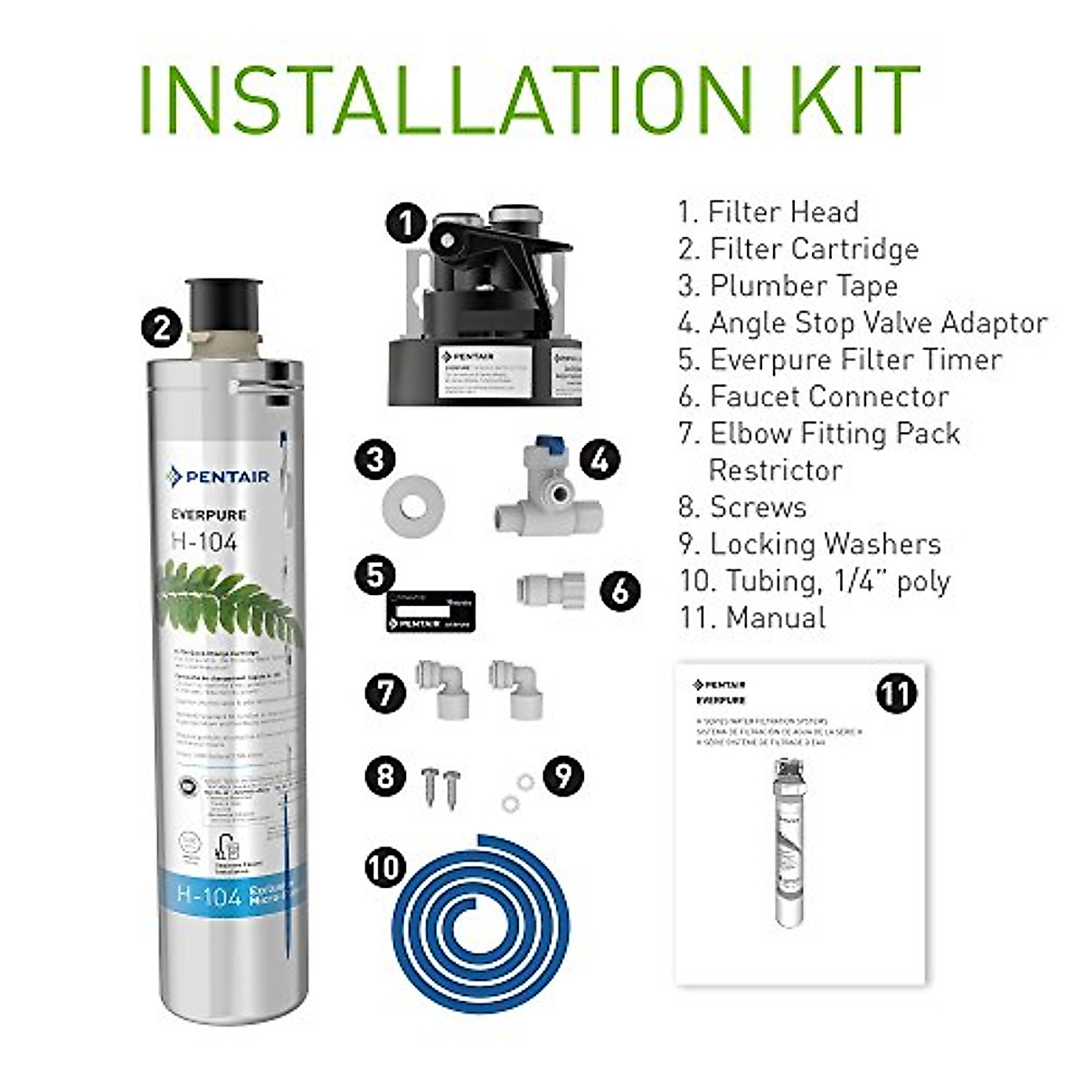 Pentair Everpure H-104 Drinking Water System, EV926271, Includes Filter Head, Filter Cartridge, All Hardware and Connectors, 1,000 Gallon Capacity, 0.5 Micron