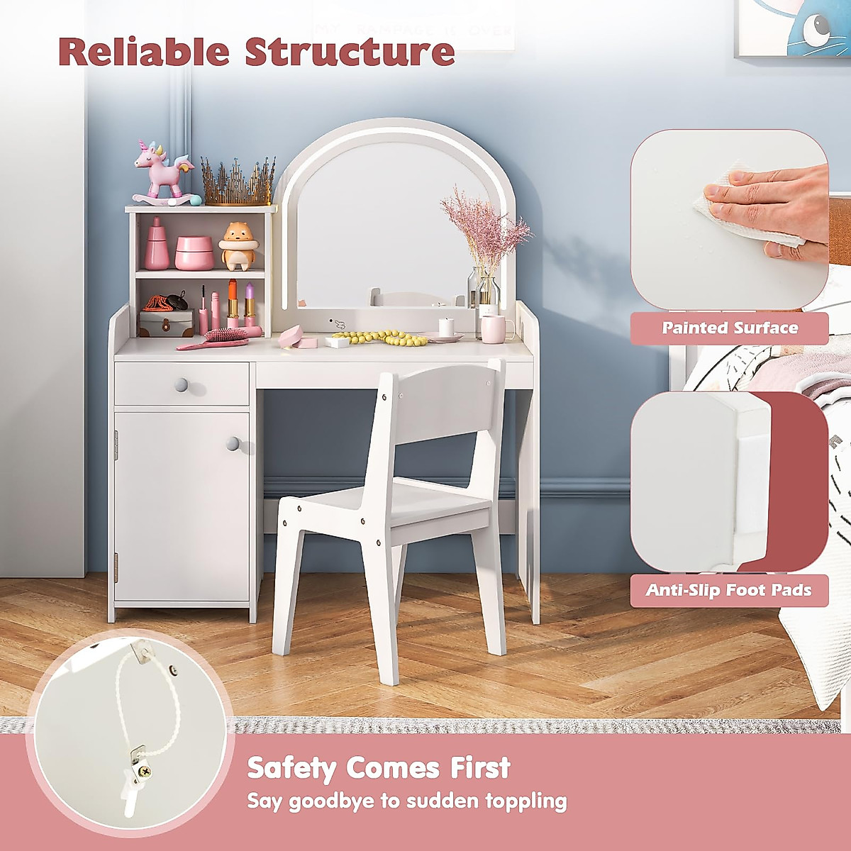 GOFLAME Kids Vanity Set with Lighted Mirror, Toddler Makeup Dressing Princess Table & Chair Set with Shelves, Drawer & Cabinet, Pretend Play Vanity Set with Mirror and 2-Color LED Lights, White