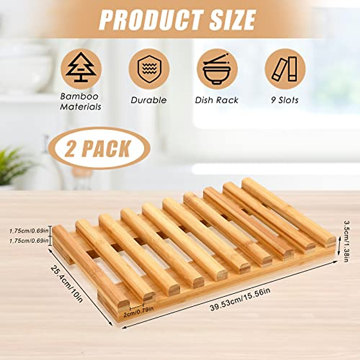 2 Pcs Bamboo Dish Rack 9 Slots Wooden Dish Drying Rack Regular Wood Plate Organizer for Cabinet Low Profile Plate Stand for Kitchen Display Countertop, 15.56 x 10 x 1.38 Inch, 0.8" Holder Width