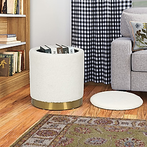 Adeco Round Storage Ottoman, Upholstered Vanity Stool with Removable Lid, Footrest Stool with Gold Metal Base, Side Table Padded Seat for Living Room Bedroom, White