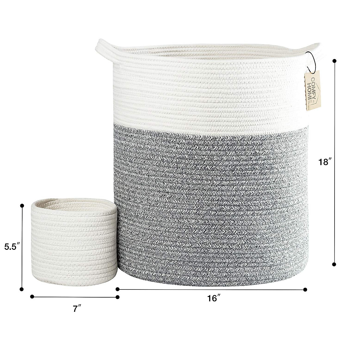 COMFY-HOMI Tall Rope Basket 18X16”（White and Grey）And Square cotton rope basket 13.5X11X9.5” with Handle （White and Dark Grey）