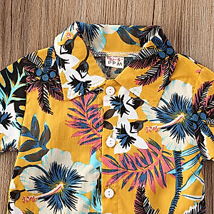 QWEP Toddler Baby Boys Summer Shorts Set Floral Outfits Button Down Shirt Top Bermuda Shorts Hawaiian Clothes 2 PCS (01 Floral Boys Shorts Coconut Yellow, 2-3T)