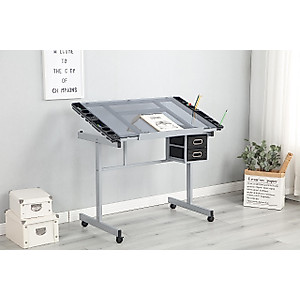 Olela Drafting Desk, Height Adjustable Drafting Table Versatile Art Craft Artists Paintings Storage Work Station with Tilting Temped Glasses Tabletop and Stool (Drawing Table - 3)