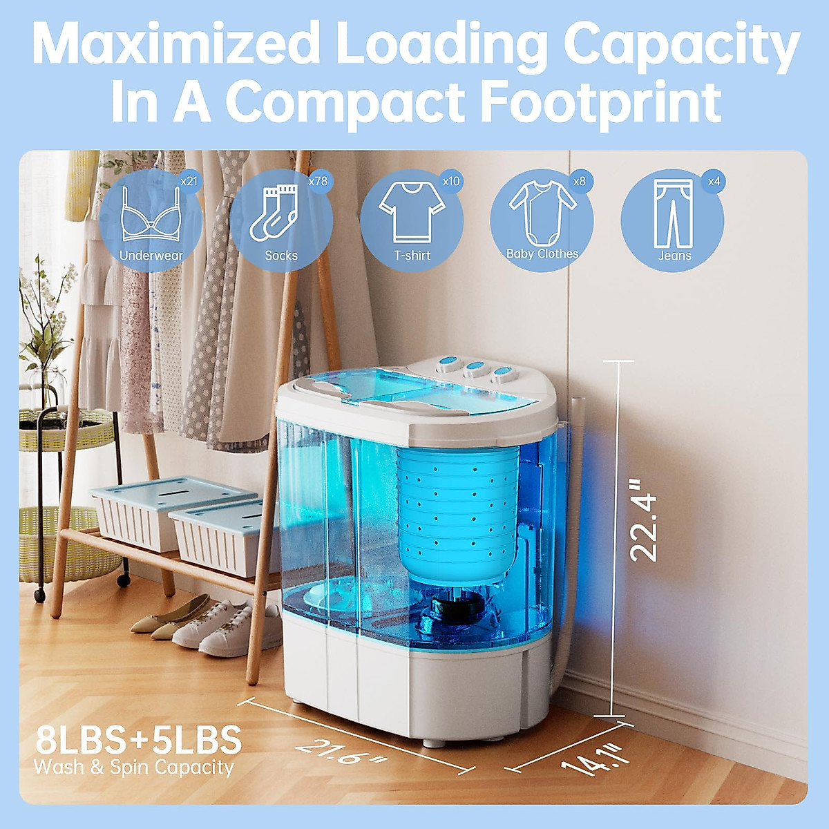 Ceamorfco Portable Washing Machine, Twin Tub 13 Lbs Capacity, Mini Portable Washer Dryer Combo with 5 FT Inlet Hose, Lavadora Portatil for Laundry, Apartment, Dorm, RV, College