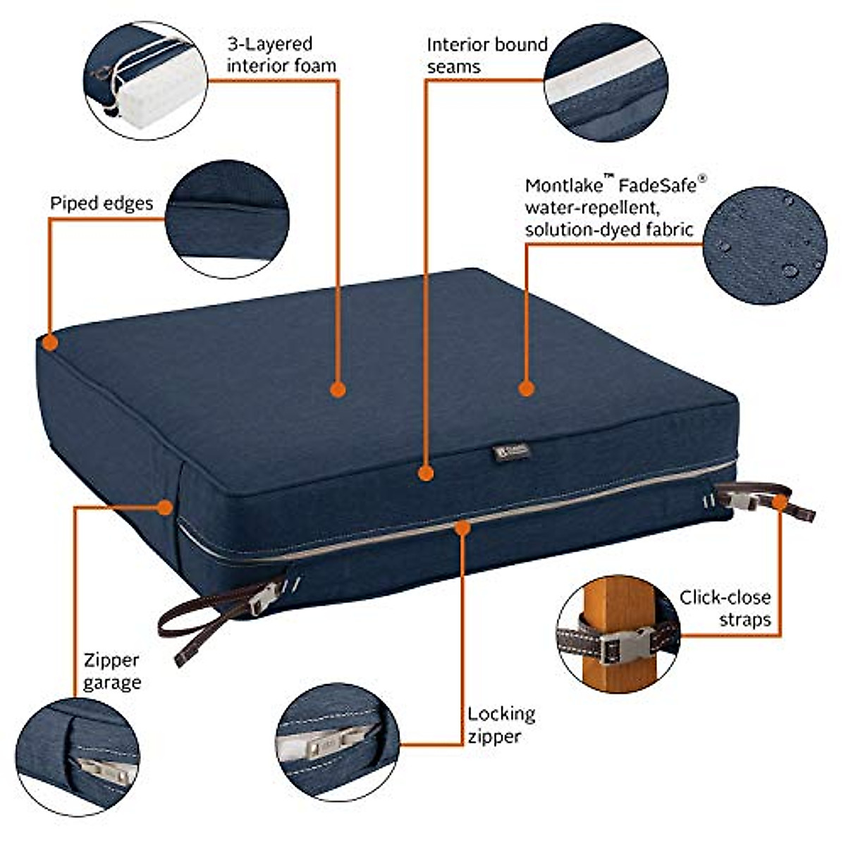 Classic Accessories Montlake FadeSafe Water-Resistant 25 x 27 x 5 Inch Rectangle Outdoor Seat Cushion, Patio Furniture Chair Cushion, Heather Indigo Blue, Outdoor Cushion Cover