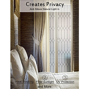 Privacy Window Film Decoration, Heat Control Window Tint for Home, Static Cling Glass Door Covering Window Sticker Removable Non-Adhesive UV Blocking, White Frosted w/Black Morocco Lines, 17.7"x78.7"