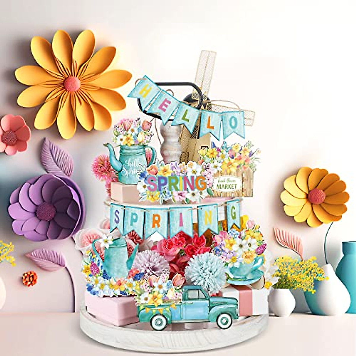 18 Pieces Hello Spring Tiered Tray Decor Easter Tiered Tray Decorations Fresh Flower Market Wooden 3D Sign Farmhouse Mini Spring Decor for Holiday Kitchen Home Easter Spring Party Decor(Null)