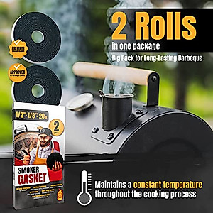Smoker Chef XXL 20 FT Grill Gasket for Smokers - Black 1/2’’ x 1/8’’ Hi Temp Seal Smoker Gasket – 2-Pack x 10 FT Self Stick Black Nomex Fire Tape for BBQ Lid – High Heat Temperature Material Replace