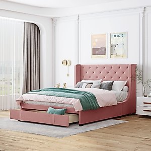 Morhome Queen Size Upholstered Bed Frame with Wingback Headboard and a Big Drawer, Noise-Free, No Box Spring Needed, Easy Assembly