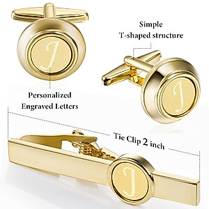 HAWSON 2 inch Tie Clips and Cufflinks Sets for Men A-Z Gold Engraved Letter Cufflinks and Tie Clips Sets for Formal Business Wedding - J