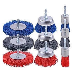 Rocaris 9 Pack Nylon Filament Abrasive Wire Brush Wheel & Cup Brush Set with 1/4 Inch Hex Shank, for Removal of Rust/Corrosion/Paint - 80 Grit, 120 Grit, 240 Grit
