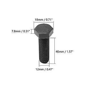 Aicosineg 5Pcs M12 x 40mm Carbon Steel Grade 8.8 External Hex Head Screw Bolts Metric Thread Hexagon Bolts Fastener Hex Bolts for Home Office Hardware Furniture Machinery Black