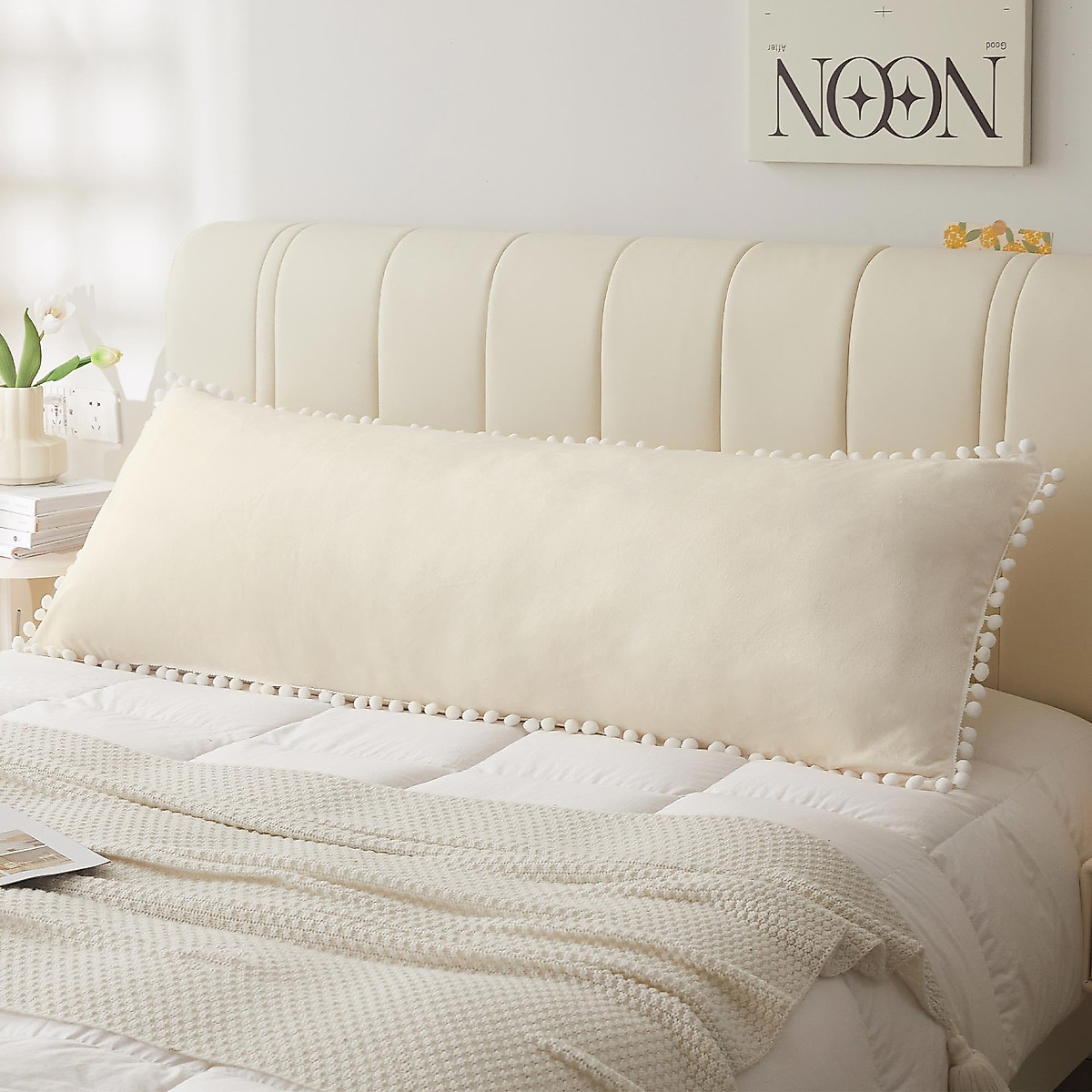 LIFEREVO Pom Poms Velvet Bed Body Pillow Cover, Long Soft Fuzzy Body Pillow Pillowcase 20x54, Cute Fringe Microfiber Body Pillow Case with Zipper, Luxury Decorative Plush Body Pillow Protector, Beige