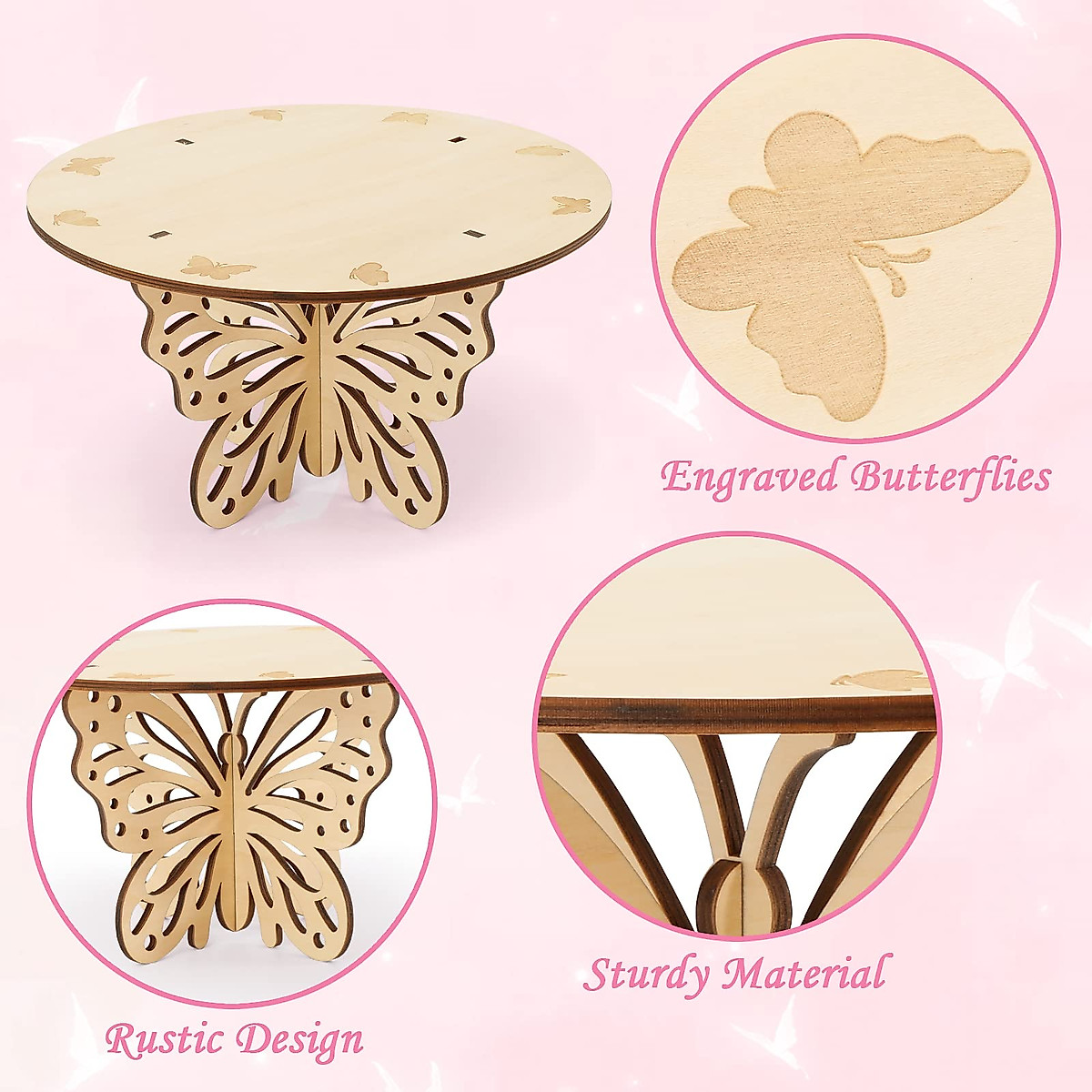 Huray Rayho Butterfly Wood Cake Stand Wedding Baby Shower Birthday Rustic Table Centerpiece Party Decorations with Engraved Butterflies for Cake Within 9 Inches