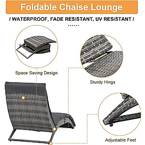 JOIVI Patio Chaise Lounge, Outdoor Lounge Chair, PE Rattan Folding Chaise Lounger with Removable Dark Gray Cushion, Suitable for Poolside, Garden, Balcony