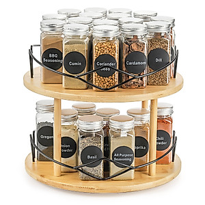 Yopay Lazy Susan Organizer 2 Tier, Bamboo Rotating Spice Rack for Kitchen Countertop Cabinet, Spinning Makeup Turntable Organizer with Steel Side for Vanity, Dining Table, Pantry, Condiments, 11 Inch