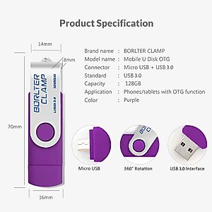 BorlterClamp 128GB USB 3.0 Flash Drive Dual Port Memory Stick, OTG Swivel Pen Drive with Micro USB Drive Port for Android Smartphone Tablet & Computer (Purple)