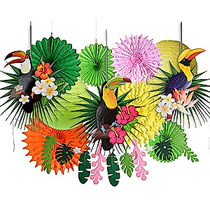 Paper Jazz Tropical Bird Toucan Leave Garland Party Kit to Summer Hawaiian Luau Tiki Tropical Themed Party Decorations Luau Party Supplies Decor with Paper Palm Leaves Paper Fan Paper Lanterns