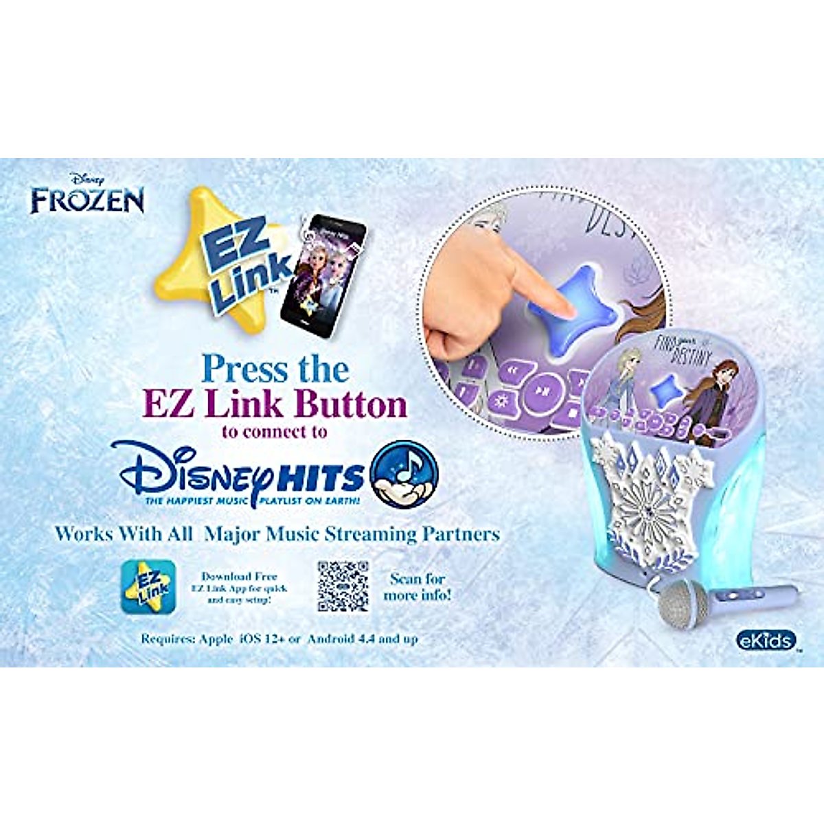 eKids Disney Frozen Karaoke Machine, Bluetooth Speaker with Microphone for Kids, Speaker with USB Port to Play Music, Easily Access Frozen Playlists with New EZ Link Feature