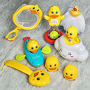 8 PCS Baby Bath Toys for Toddlers, Duck Spray Water Toy Bath Squirters Bath Boat Fishing Net, Bath Shower Tub Toys for Kids Toddlers