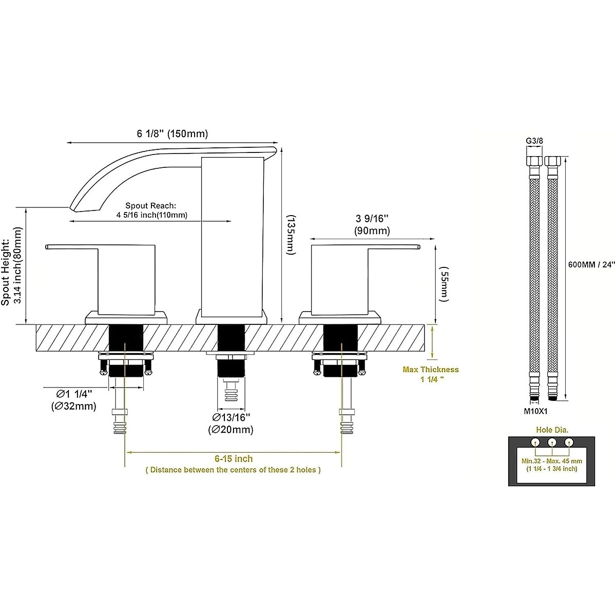 LOOPAN Bathroom Faucet for 3 Hole, Waterfall Matte Black 8 Inch Widespread Bathroom Faucets & Parts, Modern 3 Piece Bathroom Sink Faucet, Touch On Bathroom Sink Faucet with Drian&Hoses