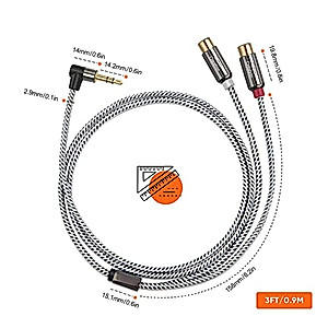 CableCreation 3.5mm to 2RCA Female Cable, 3ft Angle 3.5mm Mini-Jack to RCA Stereo Audio Y Cable Gold Plated, Compatible with iPhone,iPod,MP3,Tablets,HiFi Stereo System, Speaker Black and White/0.92m