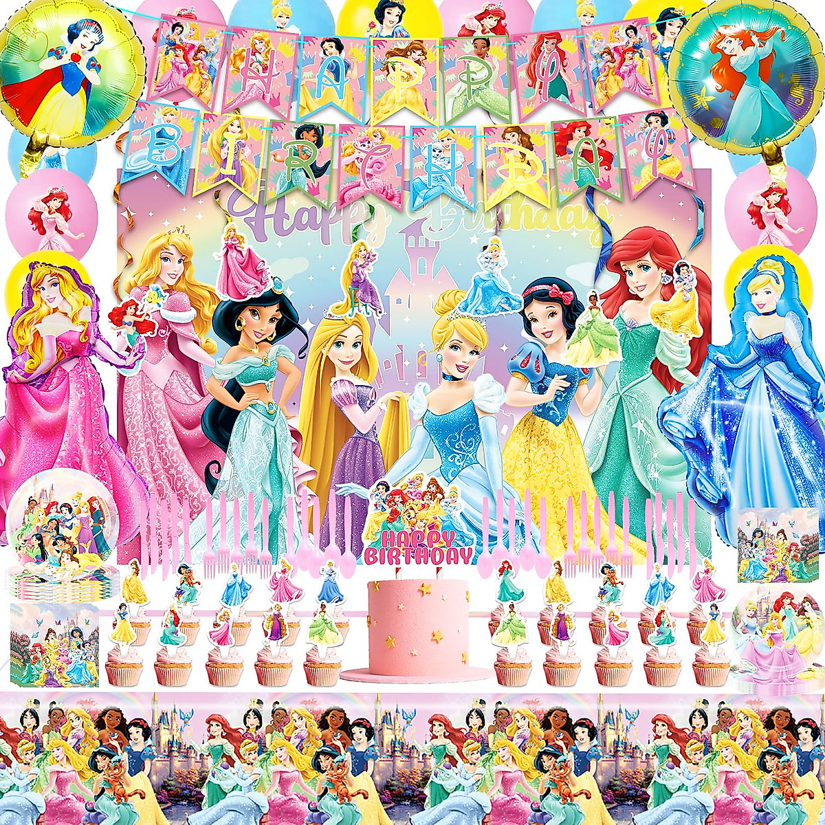 Princess Birthday Decorations - Princess Party Decorations include Banner Tablecloth Backdrop Ballons Cake Cupcake Toppers Tableware Haning Swirls, Princess Birthday Party Supplies