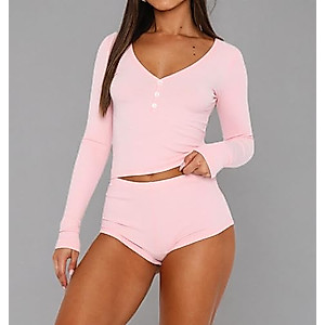 NUFIWI Women Knitted 2 Piece Outfits Pajamas Long Sleeve Slim Fit Shirt Top High Waist Shorts Y2k Lounge Sleepwear Set(B Pink 12,Small)