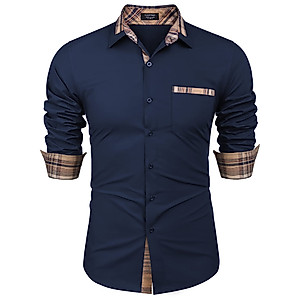 COOFANDY Men's Casual Long Sleeve Shirt Slim Fit Button Down Plaid Collar Dress Shirt Blue Large