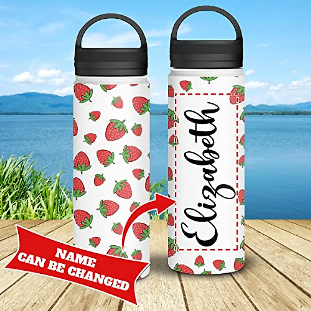 winorax Personalized Strawberry Water Bottle Strawberry Cute Pattern Design Insulated Stainless Steel 12oz 18oz 32oz Travel Sport Bottles Birthday Christmas Back To School Gifts For Kids Baby Girl