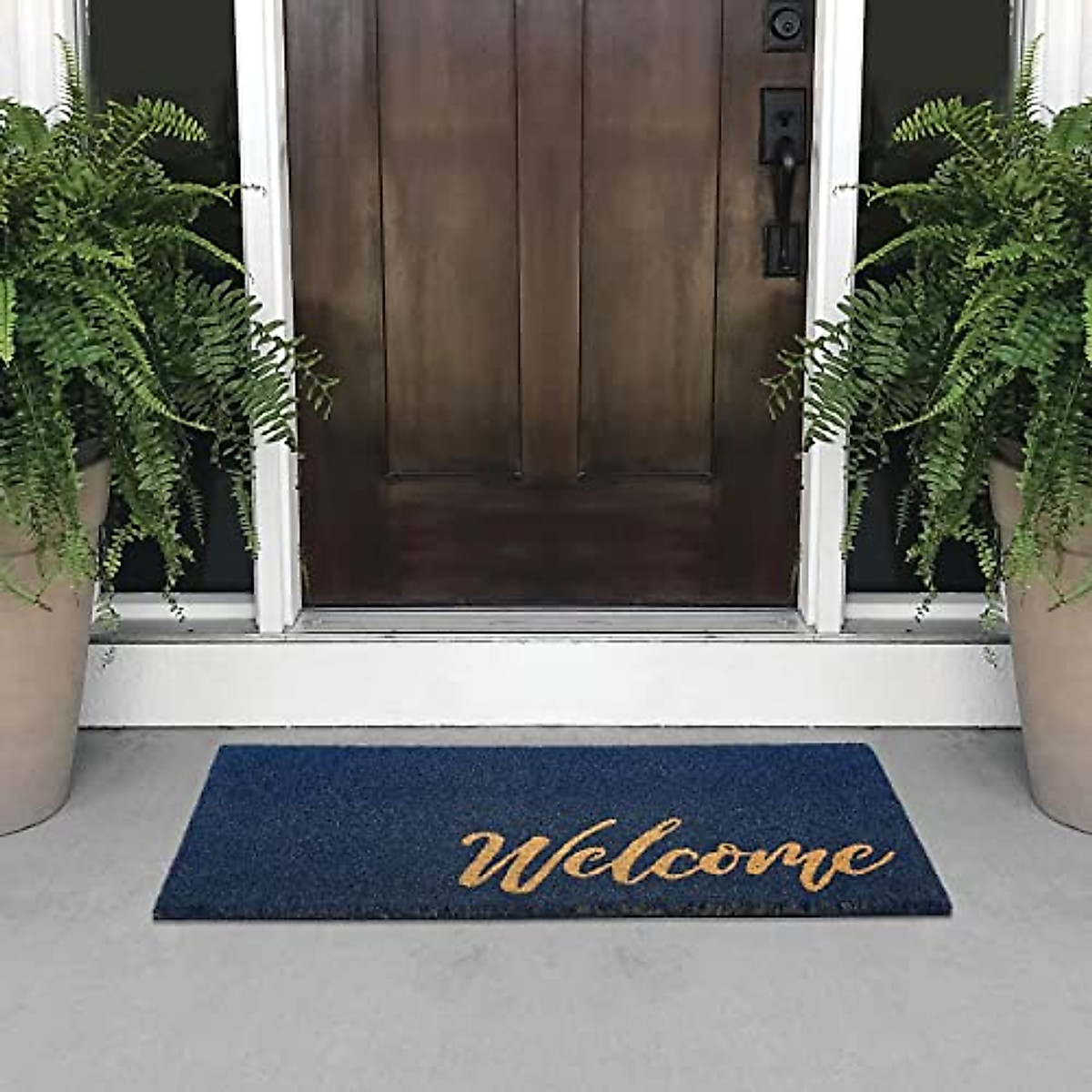 mDesign Non-Slip Rectangular Coir and Rubber Entryway Welcome Doormat with Natural Fibers for Indoor or Outdoor Use - Decorative Script Design - Navy Blue/Natural/Beige