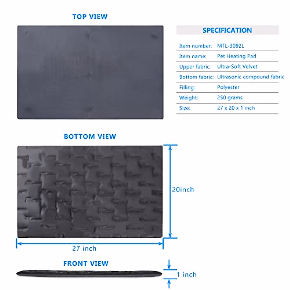 Mantuole Pet Heating Pad, Portable USB Power Heated Pet Mat for Puppy and Kitty, 27x20 inch, for Small to Medium Size Dog and Cat. with 20000mah Battery