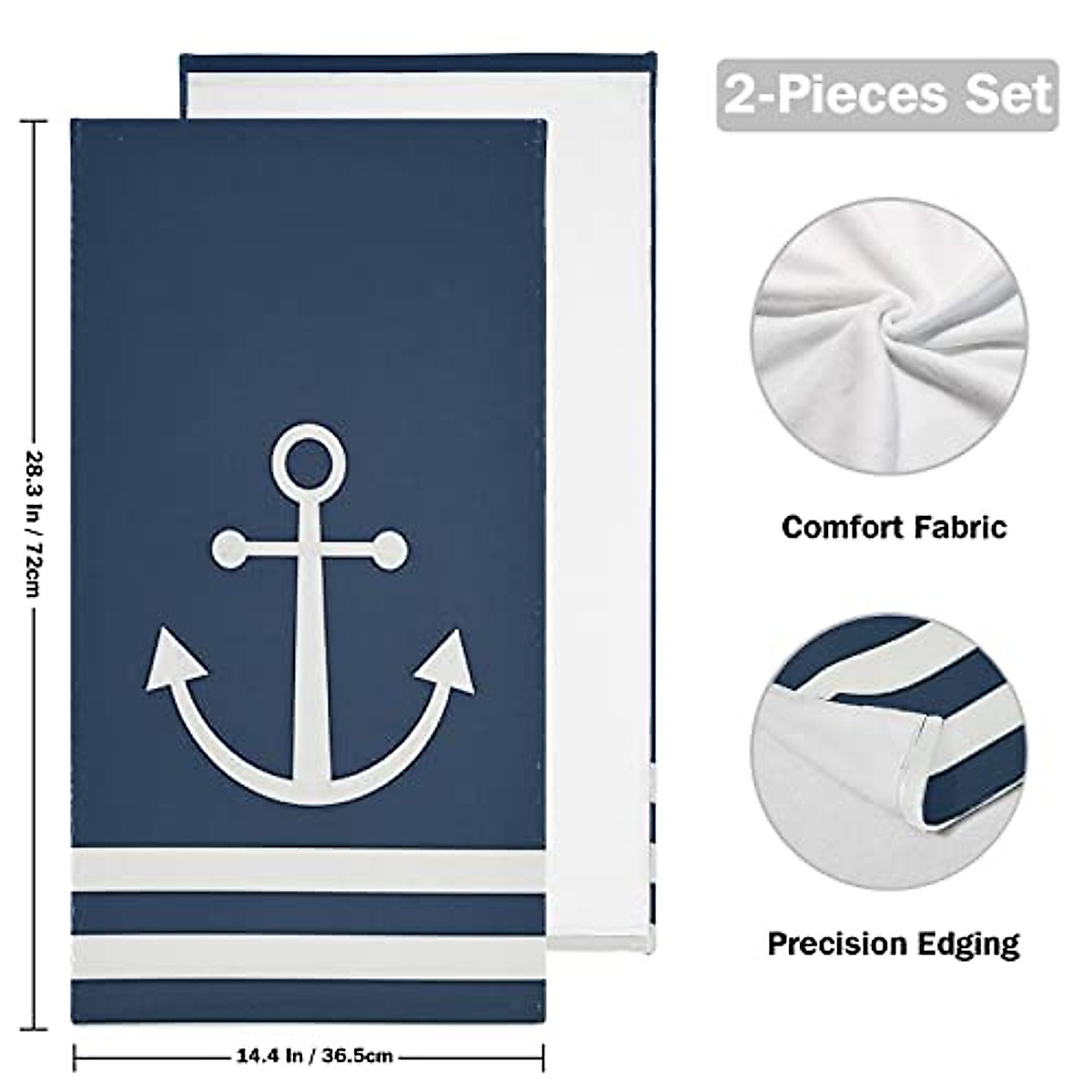 Wamika Nautical Theme Anchor Hand Bath Towel Hanging Towels Set Navy Blue Kitchen Dish Towel Highly Absorbent 2pcs