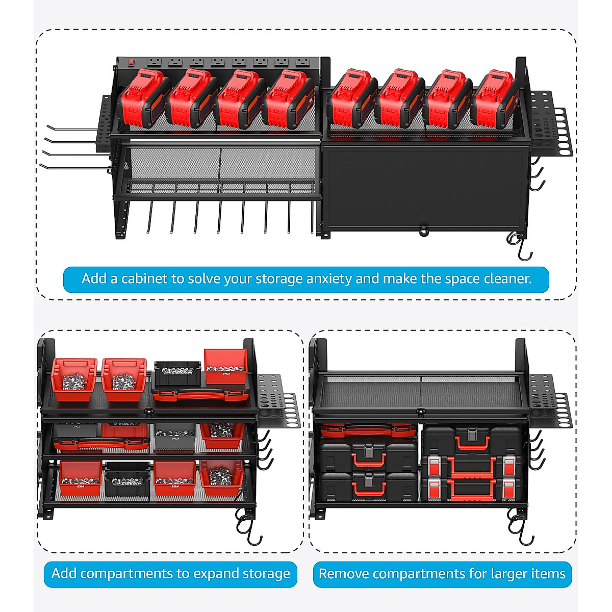 CCCEI Power Tools Organizers with Charging Station. Drills and Battery Holder Wall Mount with Cabinet Storage. Garage Rack Shelf with Power Strip. Gifts for Men, Father.