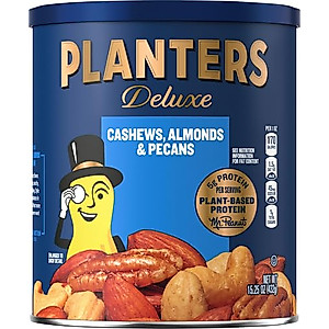 PLANTERS Deluxe Cashews, Almonds & Pecans, Party Snacks, Plant-Based Protein, 15.25 Oz Canister