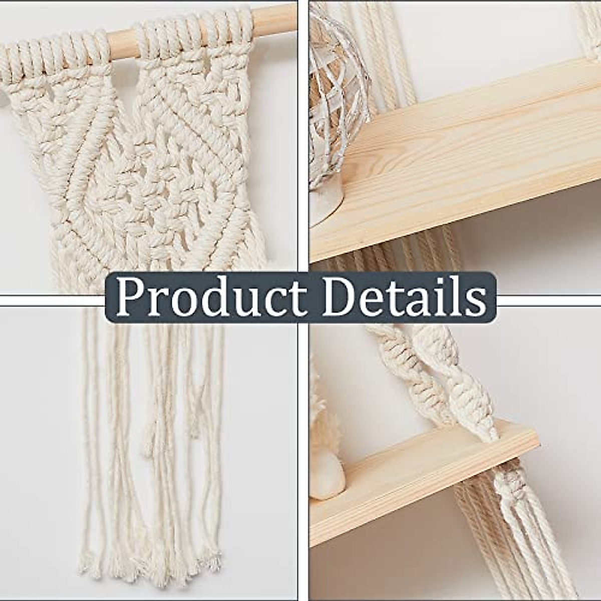 Macrame Wall Hanging Shelf, 2 Tier Boho Wall Shelves with Handmade Woven Rope, White Hanging Wall Shelf Bedroom Decor Wooden Hanging Storage Floating Shelves for Kitchen Living Room