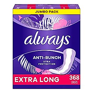 Always Anti-Bunch Xtra Protection Absorbency Daily Liners for Women, Extra Long, Unscented, 92 Count x 4 Packs (368 Count Total)