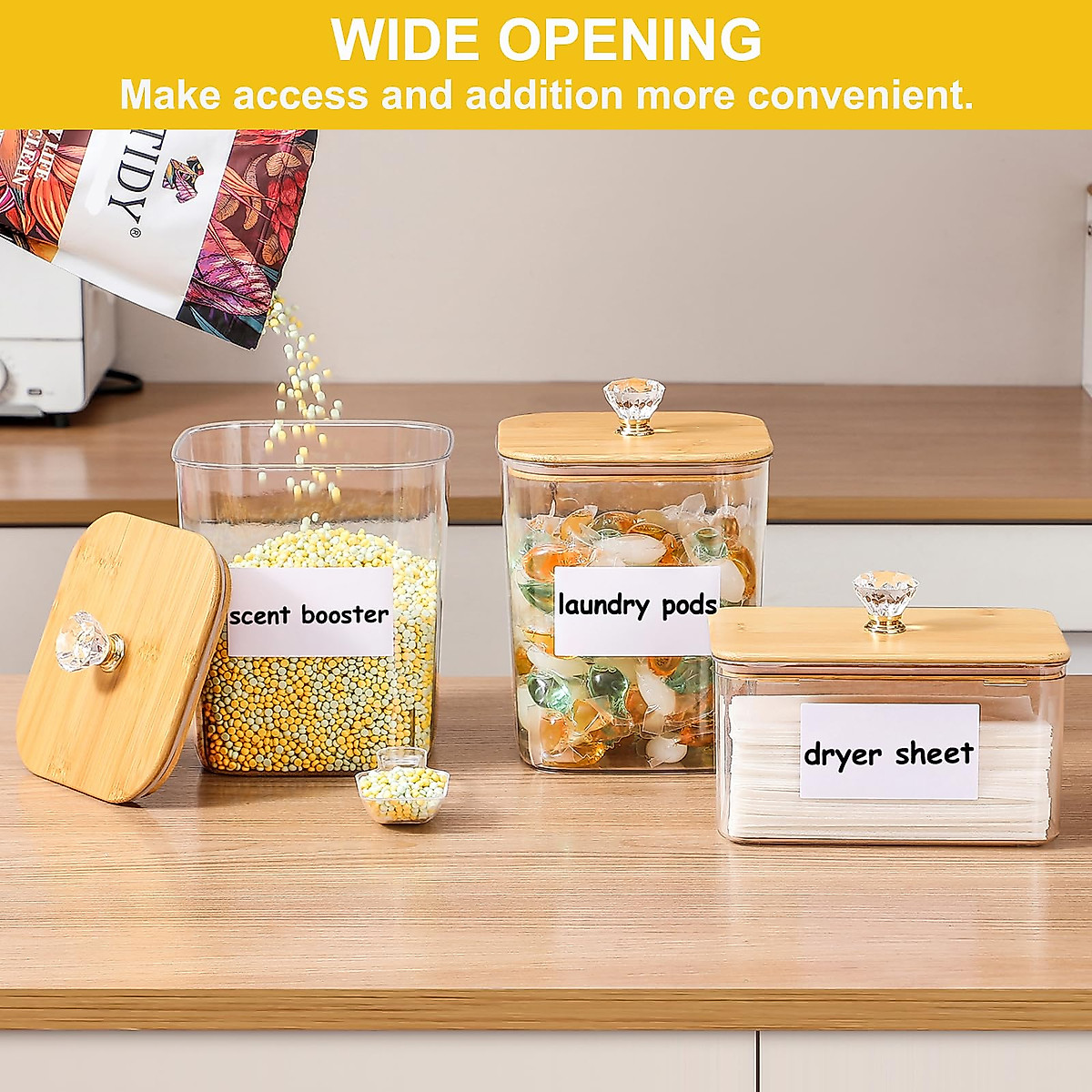 Dounozzi 4 Pack Laundry Pods Container & Laundry Powder Container for Laundry Organization, Plastic Laundry Detergent Container for Organizing, Dryer Sheet Holder with Lid and 16 Labels