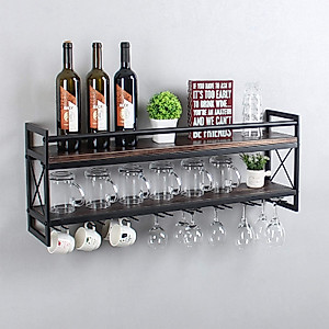 MBQQ Wine Rack Stemware Glass Rack,Industrial 2-Tier Wood Shelf,36" Wall Mounted Wine Racks with 8 Stem Glass Holder for Wine Glasses,Mugs,Home Decor,Retro Black