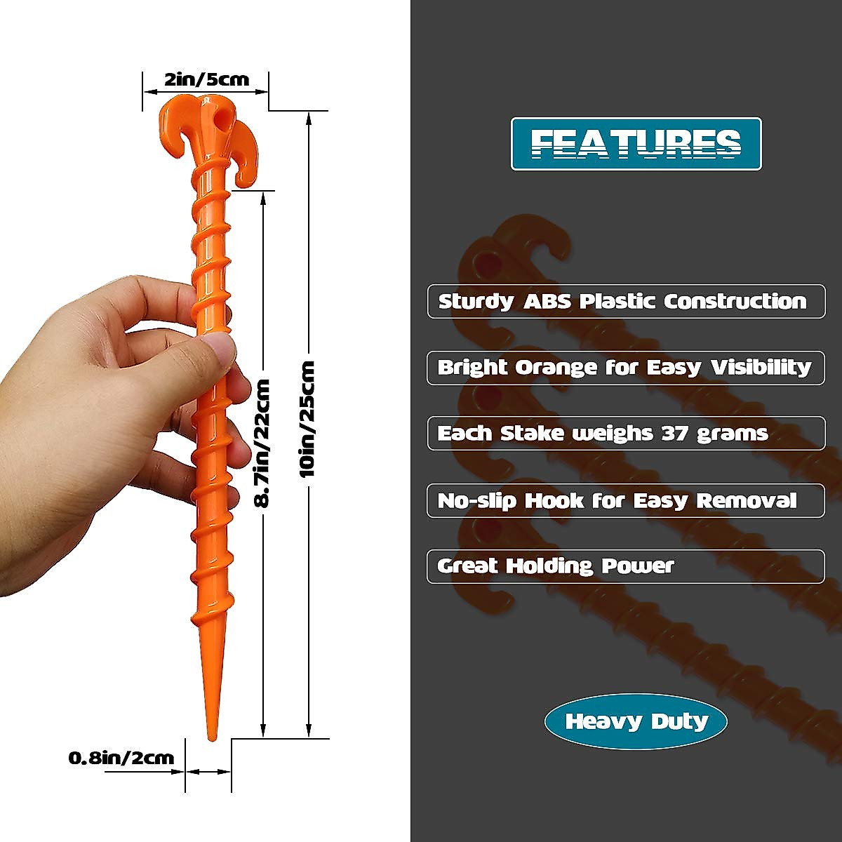 Hikemax Spiral Plastic Tent Stakes 15 Pack - 10 Inch Heavy Duty Beach Tent Pegs Canopy Stakes - Essential Gear for Camping, Backpacking, Gardening and More