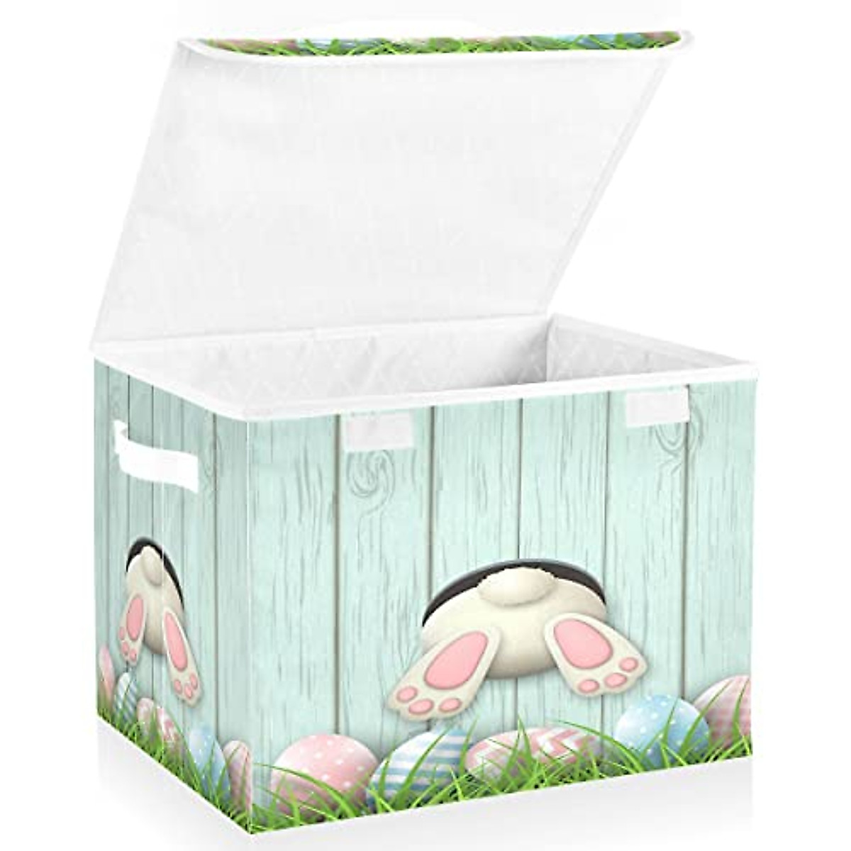 Storage Bins with Lids Foldable Storage Baskets Storage Cubes Collapsible Closet Organizer Containers with Cover Easter Bunny White Rabbit Eggs on Green Wooden for Home Office Organizer Closet, Shelv