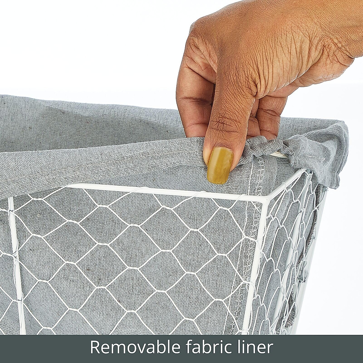 mDesign Medium Metal Farmhouse Home Storage Organizer Basket - Chicken Wire Design, Fabric Liner for Kitchen, Bathroom, Living Room, Pantry, Cupboard, Shelves, Countertop, 2 Pack, White/Gray