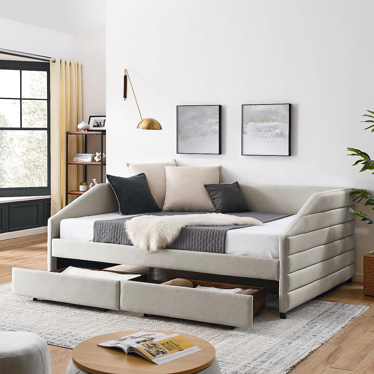 OMGO Linen Upholstered Queen Size Daybed with Two Storage Trundle Drawers, Solid Wooden Sofa Bed Frame w/Tufted Decorate, No Box Spring Needed, Space-Saving Design