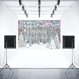 Aperturee It's Cold Outside Baby Shower Backdrop 7x5ft Winter Woodland Animals Penguin Christmas Trees Snowflake Rustic Wood Wooden Floor Photography Background Party Decorations Banner Photo Booth