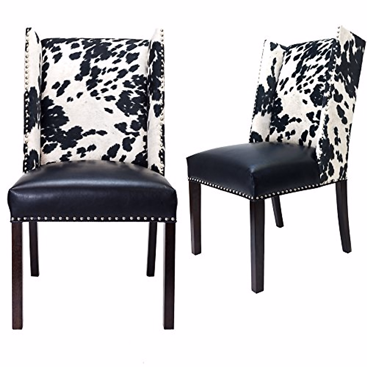 Sole Designs Rexford Collection Faux Leather and Fabric Upholstered Wingback Dining Chair with Holstein Pattern and Nailhead Trim, Set of 2, Black