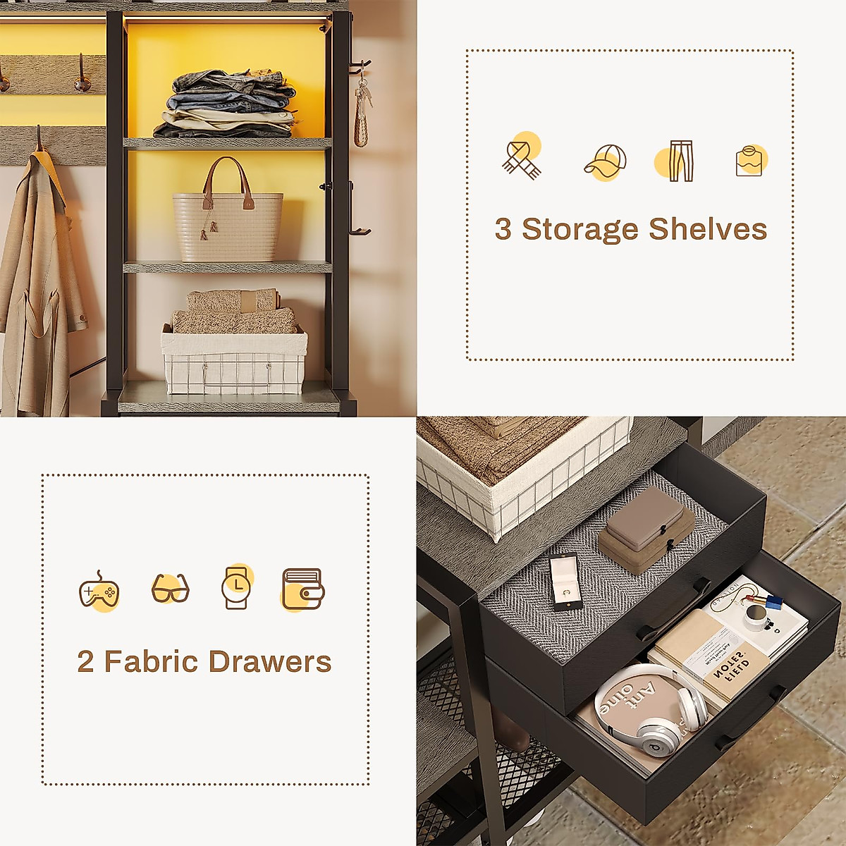 Itaar Hall Tree with Bench and Shoe Storage, 7-in-1 Entryway Bench with Coat Rack, 3 Storage Cubbies, 3 Storage Shelves, 17 Coat Hooks, 2 Fabric Drawers (Oak Grey)