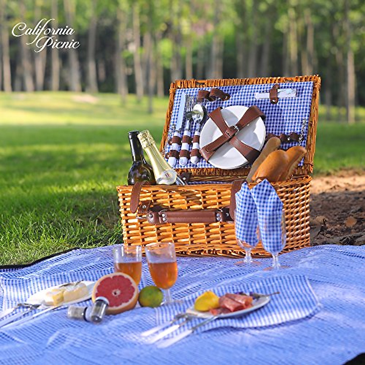 Picnic Basket Set - 2 Person Picnic Hamper Set - Waterproof Picnic Blanket Ceramic Plates Metal Flatware Wine Glasses S/P Shakers Bottle Opener Blue Checked Pattern Lining Picnic Set | Picnic Tote
