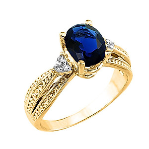 Fancy 10k Yellow Gold Diamond Band Oval Sapphire Engagement Ring (Size 7)